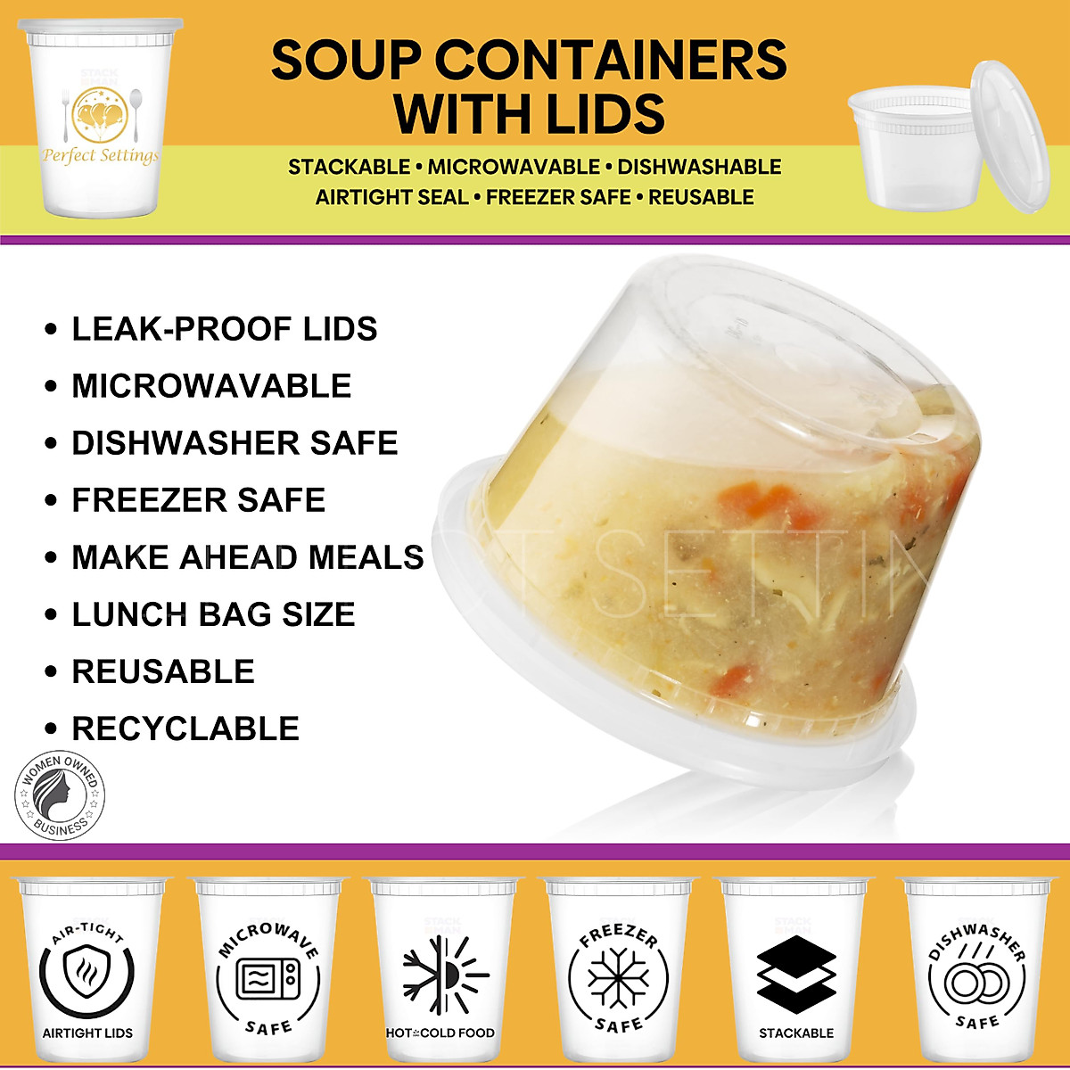 Perfect Settings 16 oz Deli Containers with Lids [40 Sets] Leakproof, Microwavable, Freezer, Dishwasher Safe, Pint Size Plastic Food Storage Container