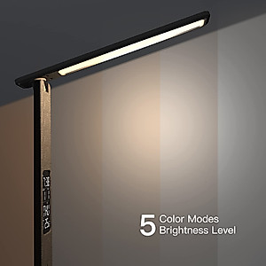 Banrterd Desk Lamp, LED Desk Lamp with Wireless Charger, USB Charing Port, Desk Lamps for Home Office, Dimmable Eye-Protecting Desk Light with Night Light, Digital Alarm Clock, Temperature, Black