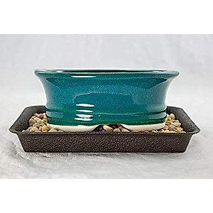 5.75" Oval Teal Green Shohin Bonsai/Succulent Pot + Tray + Rock + Mesh Combo