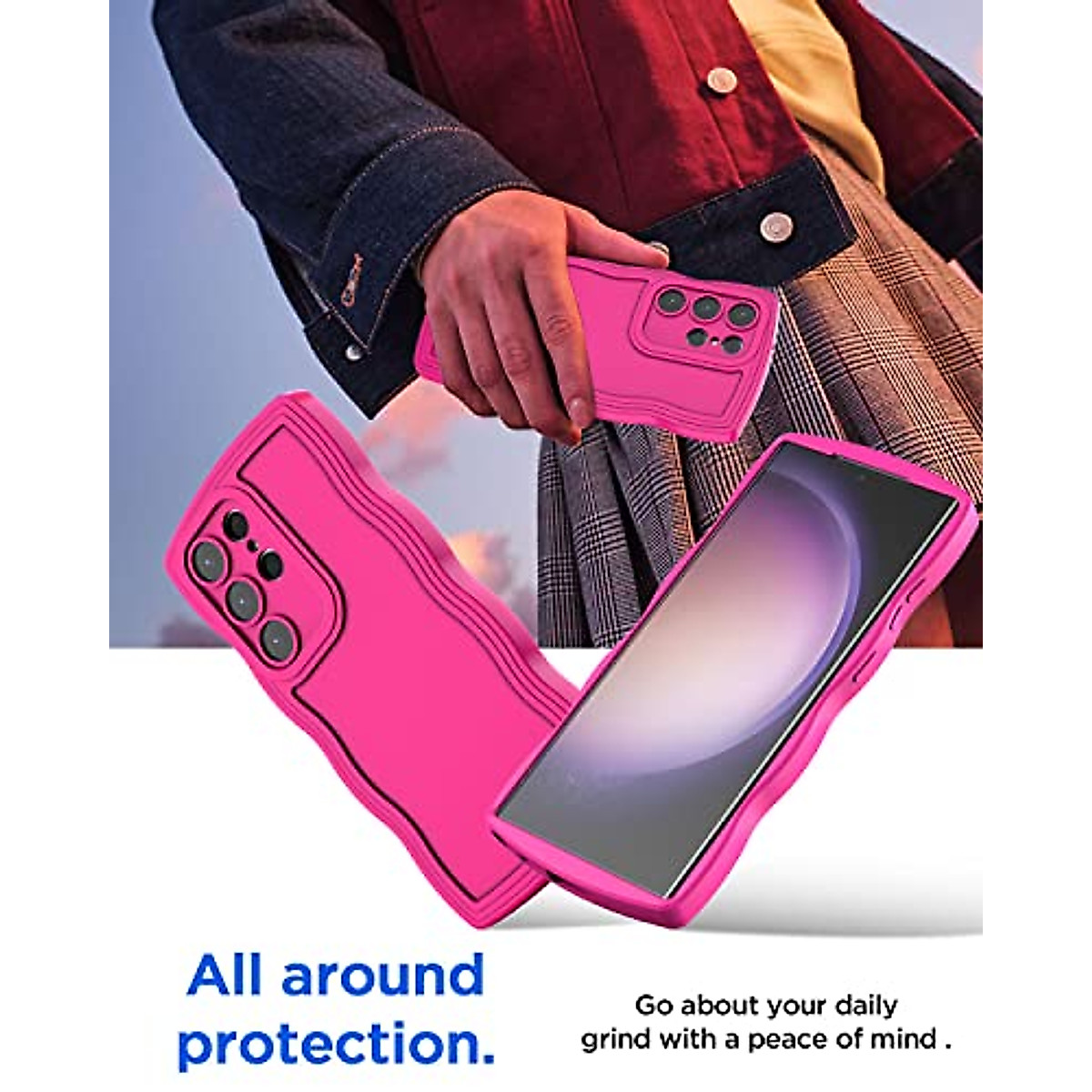 AICase Cute Solid Color Curly Wave Frame Soft Compatible with Samsung Galaxy Phone Case (Hot Pink, Galaxy S21 Ultra)