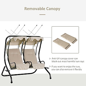 Outsunny Patio Swing Chair with 2 Separate Seats, Outdoor Swing Glider with Removable Canopy and Cup Holders, for Porch, Garden, Poolside, Backyard, Beige