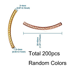 Fashewelry 200Pcs Curved Tube Long Noodle Spacer Beads 35~45mm Random Mixed Colors Carved Brass Metal Finding Beads for Jewelry Making Hole: 1.5-3mm