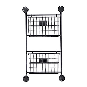Deco 79 Metal Rectangle Magazine Rack Holder with Suspended Baskets and Label Slot, 16" x 3" x 28", Black