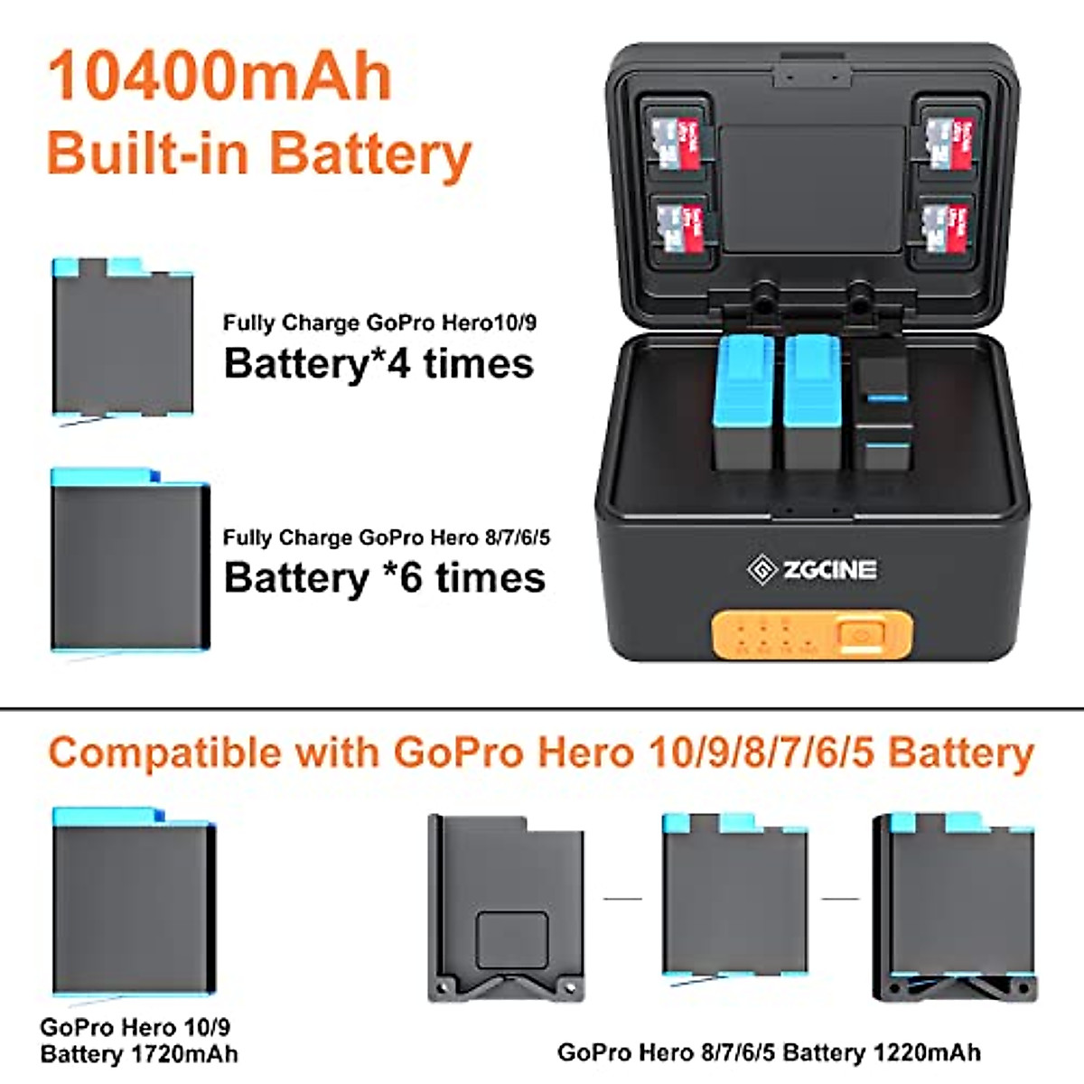 ZGCINE PS-G10 GoPro Charging case for Gopro Hero 10 Hero 9/8/7/6/5 Battery, Built-in 10400 mAh Rechargeable Battery, Fast Charging with USB-C Input&Output USB-A Output, Small and Portable