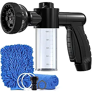 Garden Hose Nozzle, Yiebaels High Pressure Foam Sprayer 8 Spray Patterns with 3.5oz/100cc Soap Dispenser and Washing Mitt, Water Hose Soap Nozzle Sprayer for Watering Plants, Car Wash, Pet Showering