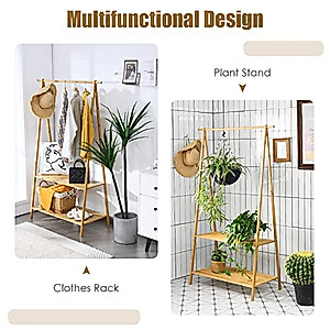 Tangkula Bamboo Garment Rack, Freestanding Clothes Rack with 2-Tier Storage Shelves, Easy Assemble, Space-Saving Clothing Rack for Entryway, Bedroom (Natural)