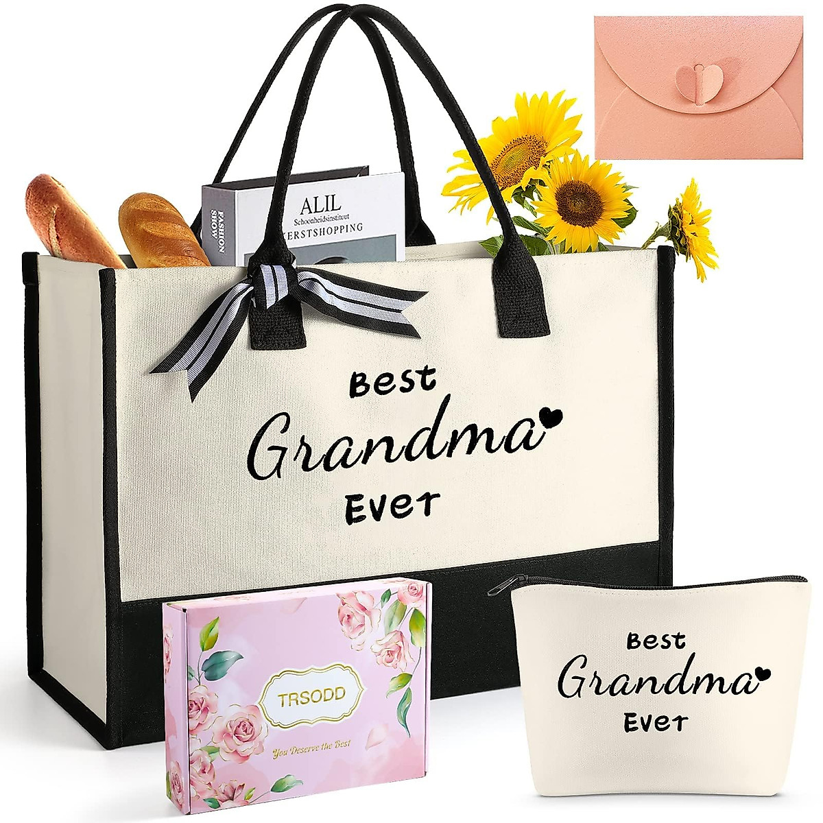 Grandma Gifts Christmas, Embroidery Can-vas Tote Bag w Makeup Bag Inner Pocket Gifts Box Card Set for Women, Gifts for Grandma, Grandma Bag, Personalized Grandma Birthday Gifts, Best Grandma Ever