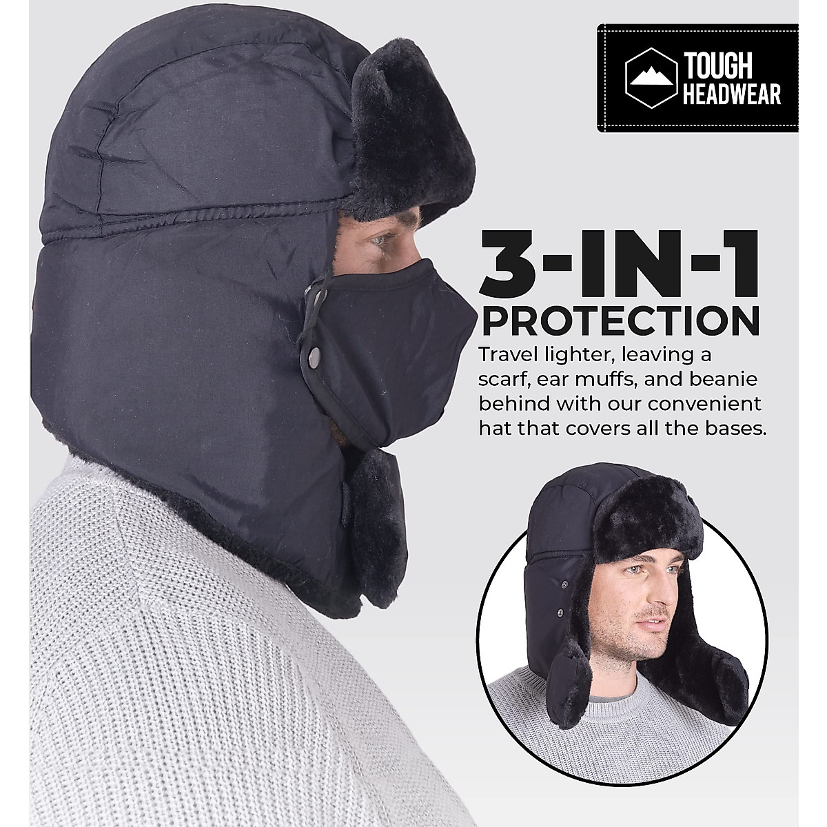 Tough Headwear Winter Trapper Hat with Mask - Russian Ushanka Trooper Aviator Hats for Men & Women -Snow Eskimo Hat with Ear Flaps for Cold - Full Black