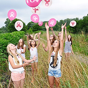 Llxieym 60 Pieces Pink Ribbon Balloons Breast Cancer Awareness Balloons Set for Party with 6 Rolls Ribbons (pink&white)