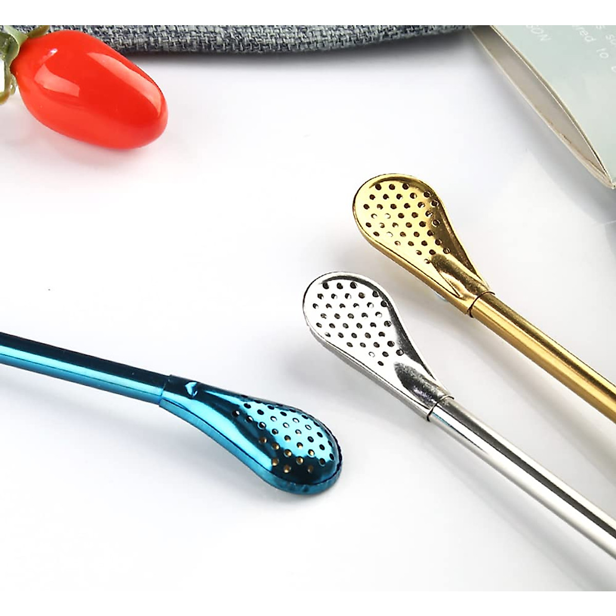 Anller Premium Straw Spoons Bombillas Yerba Mate Straw, Drinking Stirring Straws with Filter Spoon -7.2inch (7 Straws + 2 Cleaning brushes）