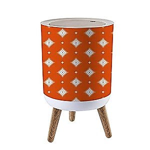 Small Trash Can with Lid White Ikat Geometric Folklore Ornament with Diamonds on Orange Tribal Round Recycle Bin Press Top Dog Proof Wastebasket for Kitchen Bathroom Bedroom Office 7L/1.8 Gallon