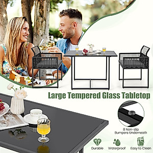 DORTALA Rattan Patio Furniture Set, 3-Piece Dining Set with Cushions, Tempered Glass Tabletop, Outdoor Wicker Small Chairs & Table Set for Backyard, Balcony, Poolside, Black