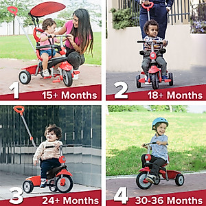 smarTrike Kids Adjustable Tricycle Push Bike Trike Ride On Toy with Parent Control Button for Toddler Ages 15 Months to 3 Years, Red