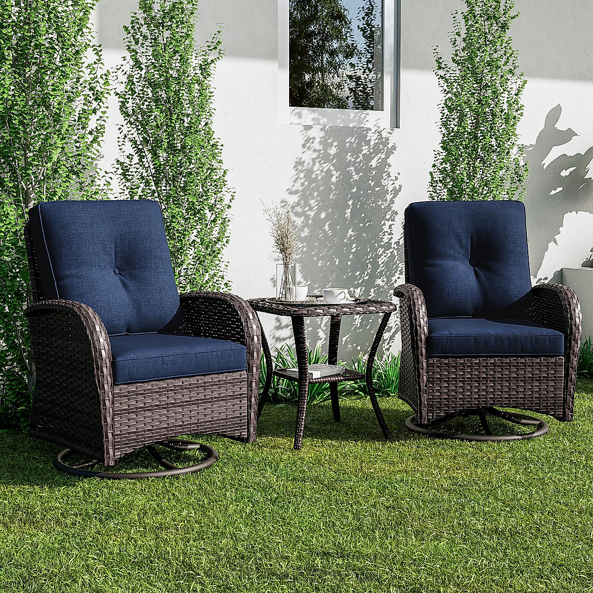 Joyside Patio Swivel Rocker Wicker Chairs - Outdoor Swivel Rocking Chairs Set of 2 with Wicker Side Table, Patio Swivel Rocker Chair 3 Piece Patio Furniture Sets for Porch Deck(Brown/Blue)