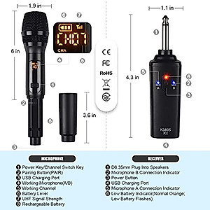 KITHOUSE K380S UHF Rechargeable Wireless Microphone Karaoke Microphone Wireless Mic Dual with Receiver System Set - Professional Handheld Dynamic Cordless Microphone for Singing Karaoke Speech Church