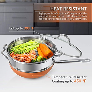 SHINEURI 12 Inch Nonstick Copper Wok and Stir Fry Pan with Lid, Copper Nonstick Wok with Lid, Copper Fry Wok Copper Pan Copper Skillet, Induction Compatible - 12 Inch Wok Pan with Lid & Steamer Basket