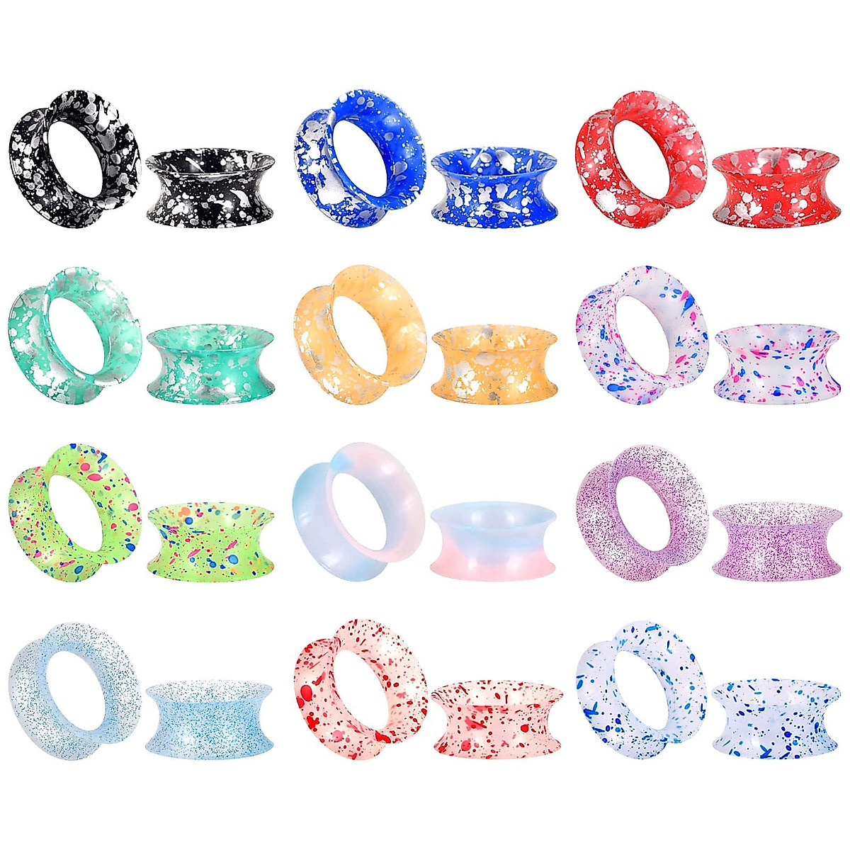 Qmcandy 24pcs Soft Flexible Silicone Ear Tunnels Glitter Spattered with Spots Gauges Piercing Jewelry 20mm