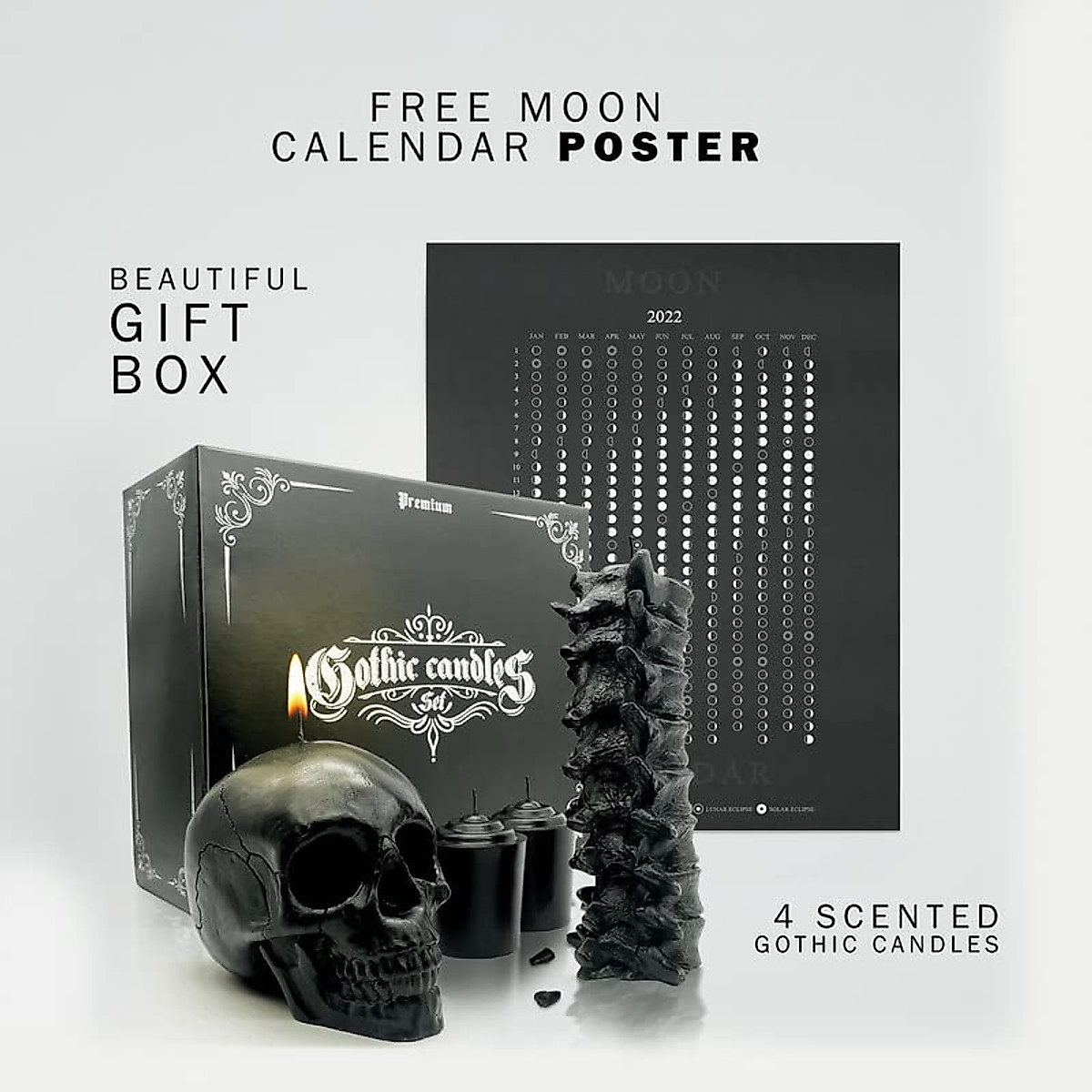 GAVIA Skull Candle Set - Scented 4 Pack - Gothic Decor - Goth Room Decor - Black Skull Decor for Home - Horror Decor - Spooky Home Decor - Gothic Home Decor - Goth Decor - Halloween Decor - Emo Decor