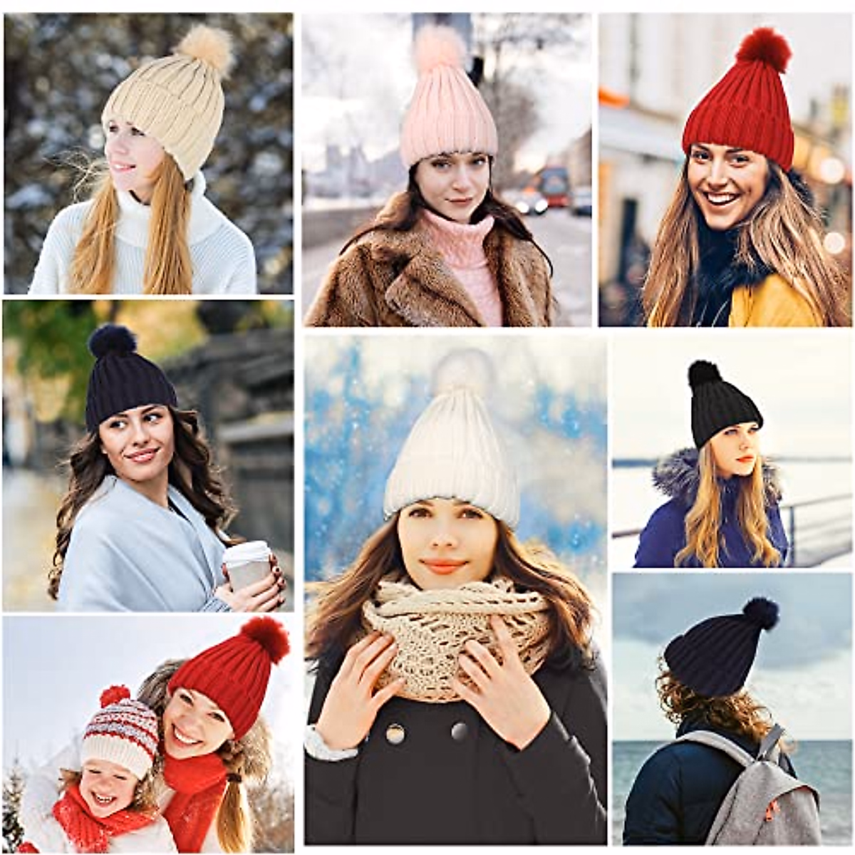 Muryobao Womens Winter Beanie Hat Warm Silk Satin Lined Cuffed Cable Knit Hat with Detachable Pom Ski Skull Cap Black