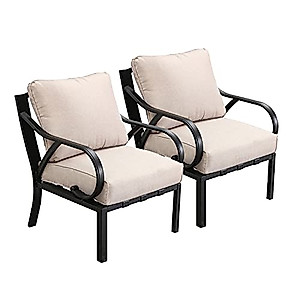 LOKATSE HOME 2 Piece Patio Dining Chairs Modern Wrought Iron Armchairs Outdoor Bistro Club Set Cushioned Furniture for Lawn Garden Balcony Poolside, Beige