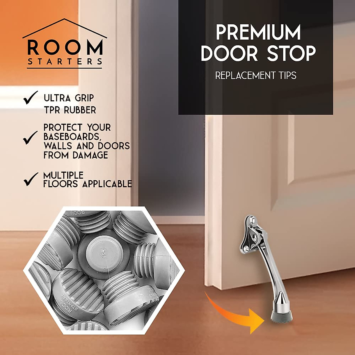 Kick Down Door Stop Ultra Grip Rubber Replacement Tip 10 Pack Threaded by ROOM STARTERS Style 2 (Gray, 10 Pack)