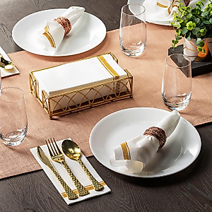 Disposable Linen-Feel Peper Napkins, Decorative White Guest Towels, 12" x 17" Gold Line Hand Napkins For Wdding, Party Or Event - Pack of 100