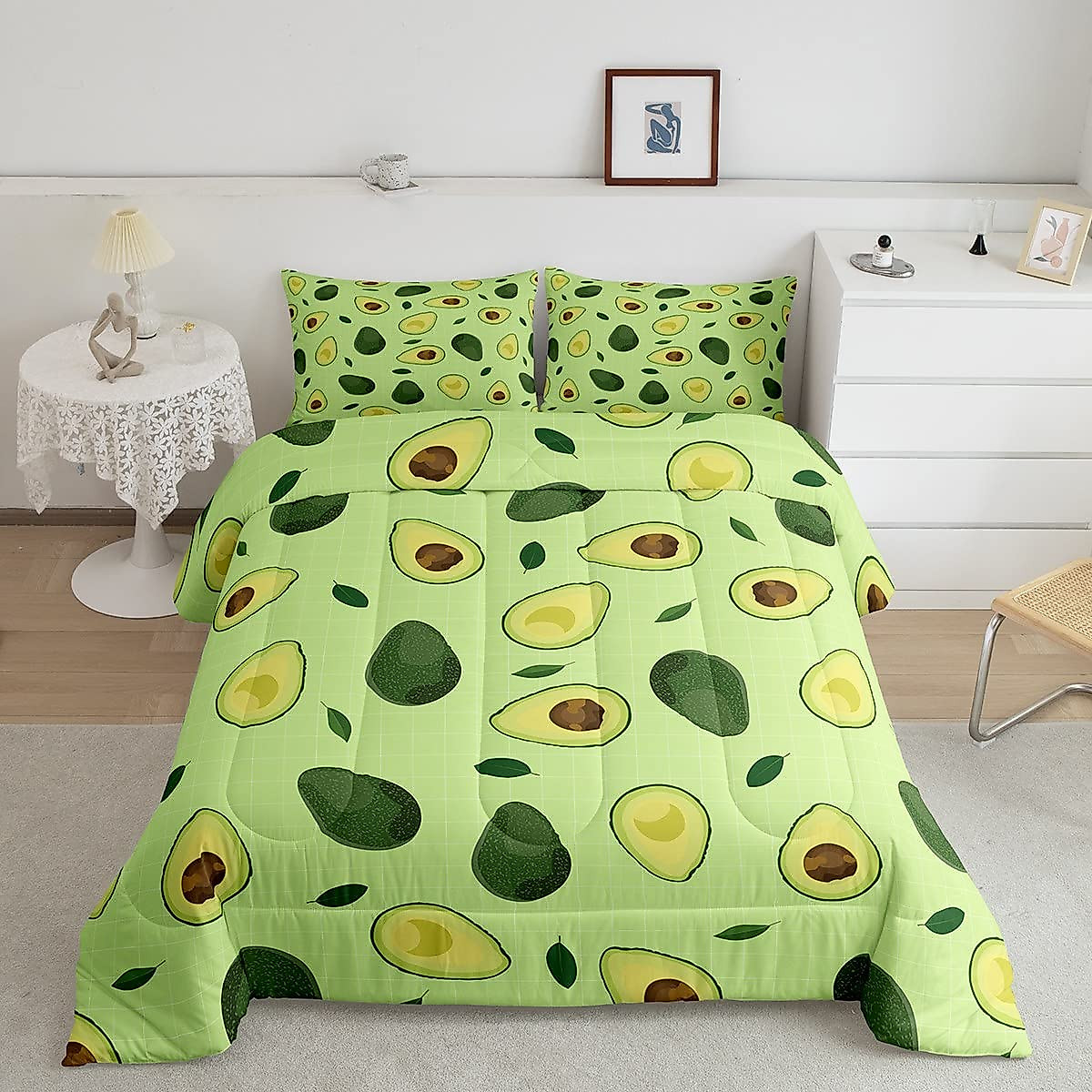 Manfei Fruits Theme Comforter Set Twin Size, Green Avocado Bedding Set 2pcs for Kids Boys Girls Room Decor, Plaid Grid Print Quilt Set with 1 Pillowcase