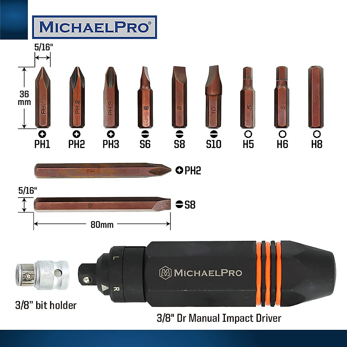 MichaelPro 3/8 Inch Drive Manual Impact Driver Set, Includes 11 Bits and 3/8” Bit Holder, 6-sided Enhanced Anti-Slip Grip, Heavy Duty