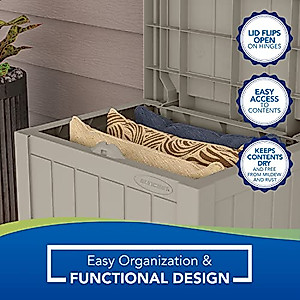 Suncast Small Deck Box-Lightweight Resin Indoor/Outdoor Storage Container and Seat Cushions and Gardening Tools Store Items on Patio, Garage, Yard, 22 Gallon, Light Taupe