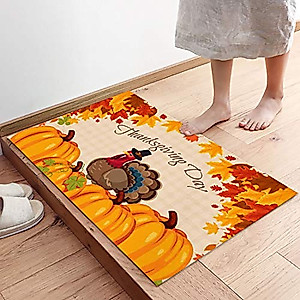 YOKOU Thanksgiving Kitchen Rugs, Day Fall Cartoon Turkey Pumpkin Maple Leaf Orange Non Slip Low Profile Runner Rug Mat for Floor, Kitchen, Bedside, Sink, Office, Laundry, Set of 2