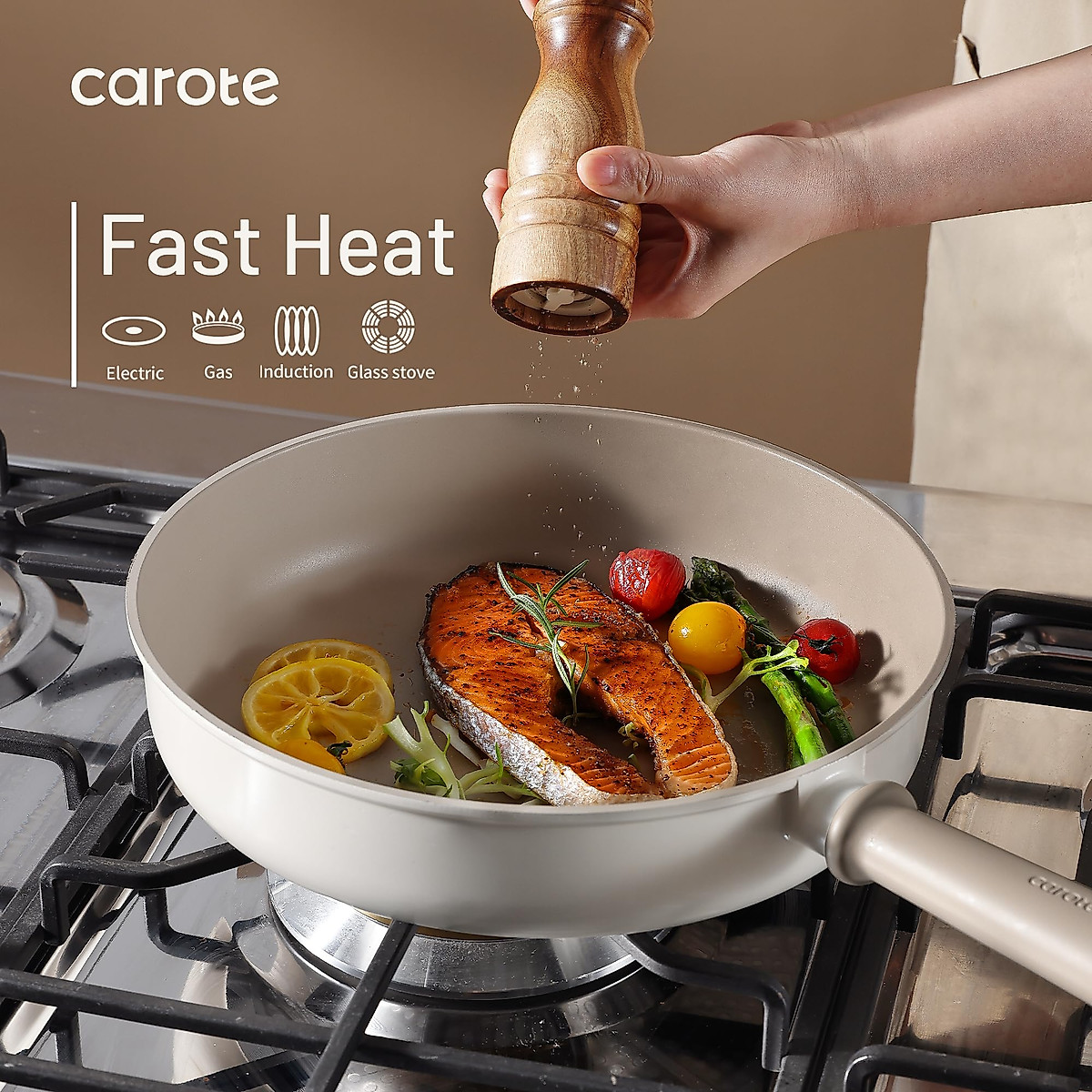 CAROTE 16pcs Pots and Pans Set Non Stick, Nonstick Kitchen Cookware Sets, Induction Cookware Sets with Stay-Cool Handle, Beige and Taupe