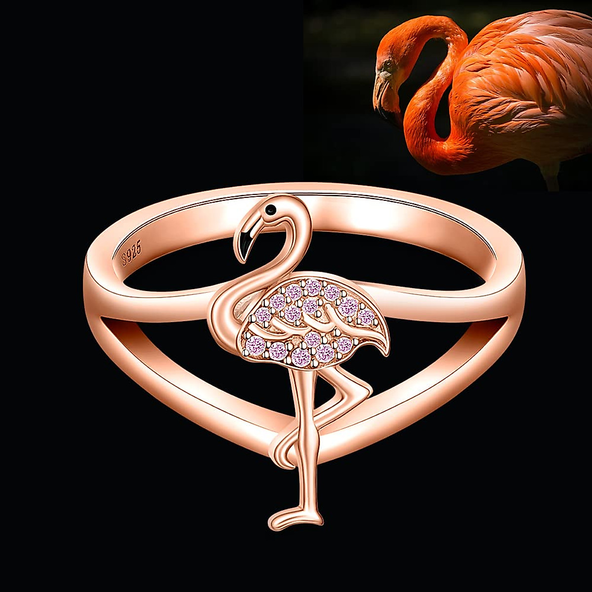 Flamingo Ring for Women Cute Bird Rose Gold Pink Flamingo Wedding Finger Rings Sterling Silver Jewelry Animal Statement Holiday Gifts Size 9