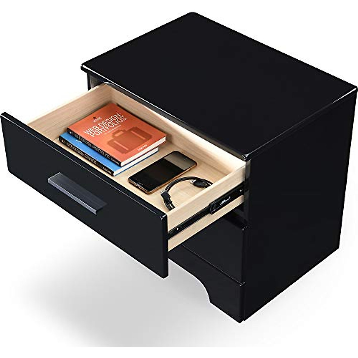 ClickDecor Hudson End Side Nightstand with 2 Drawers, Wooden Accent Table for Bedroom with Matte Chrome Handle, Black