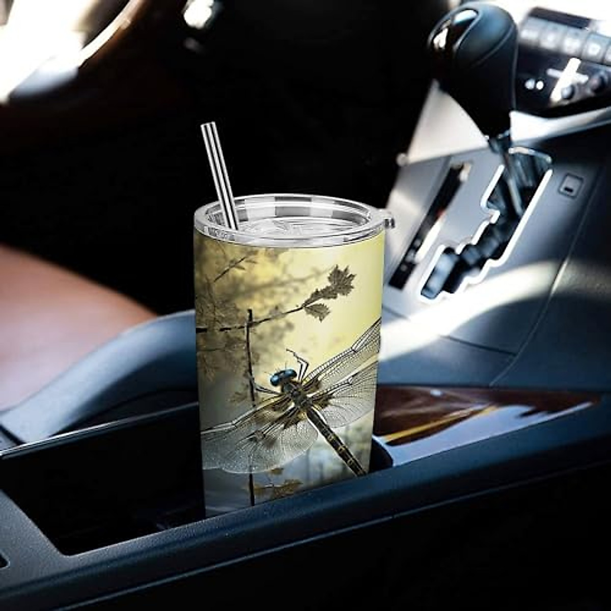 FHENMSA Stainless Steel Insulated Travel Coffee Mug,Dragonflies Print Reusable Car Cup,Thermal Cup for Outdoor with Straw And Lid