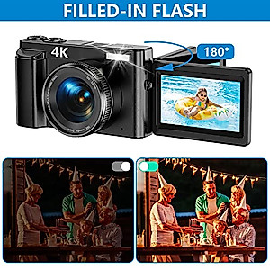 4K Digital Camera for Photography and Video Autofocus 48MP Vlogging Camera for YouTube Compact Camera 16X Digital Zoom with Flash 180 Degree 3.0 inch Flip Screen, 32G SD Card, 2 Batteries & Charger