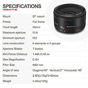 YONGNUO YN50mm F1.8, Standard Prime Auto Focus Lens for Canon Full Frame SLR EF Mount Cameras