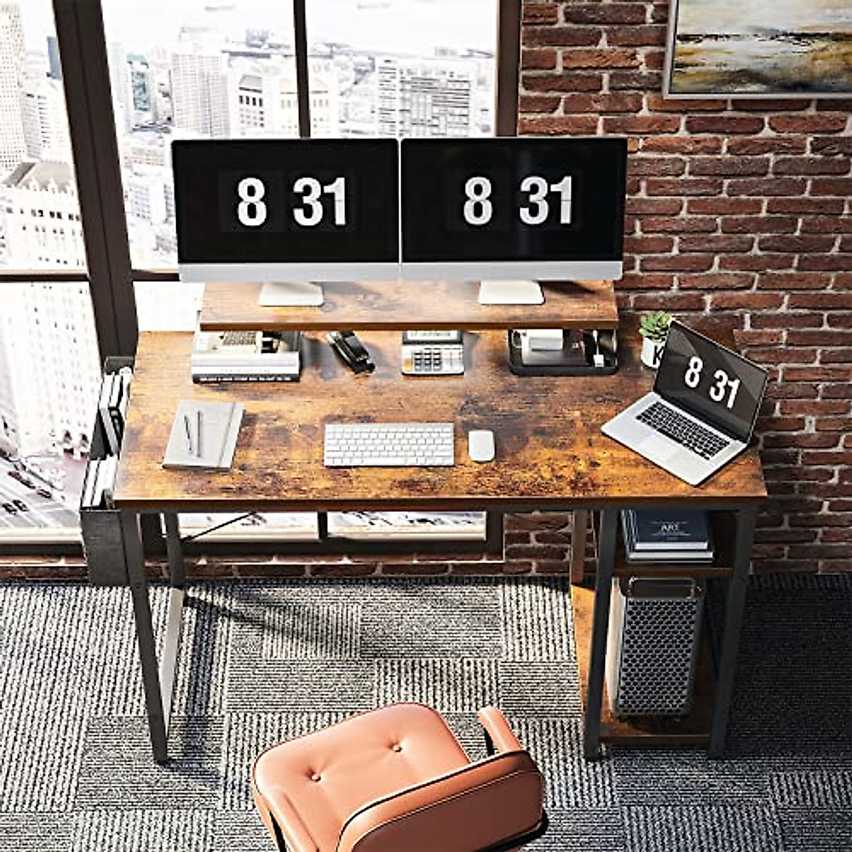 ODK 39 Inch Computer Desk with Shelves & Monitor Stand | Vintage Design