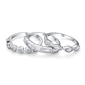 3 Set Geometric Cubic Zirconia Baguette Marquise Round CZ Stackable Wedding Band Ring Set For Women .925 Sterling Silver