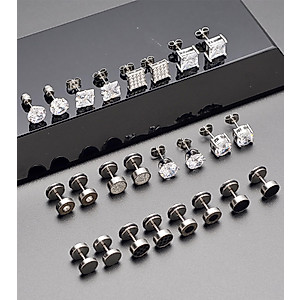 Ofeiyaa 12 Pairs Stainless Steel Stud Earrings Cubic Zirconia Cartilage Barbell Earring Set for Men Women Black Silver Tone 8mm