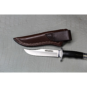 CARL THOMAS LEATHERS Custom Leather Vertical Knife Sheath Made to fit a Buck 119, Fixed Blade Knife Holder, Dyed Dark Brown