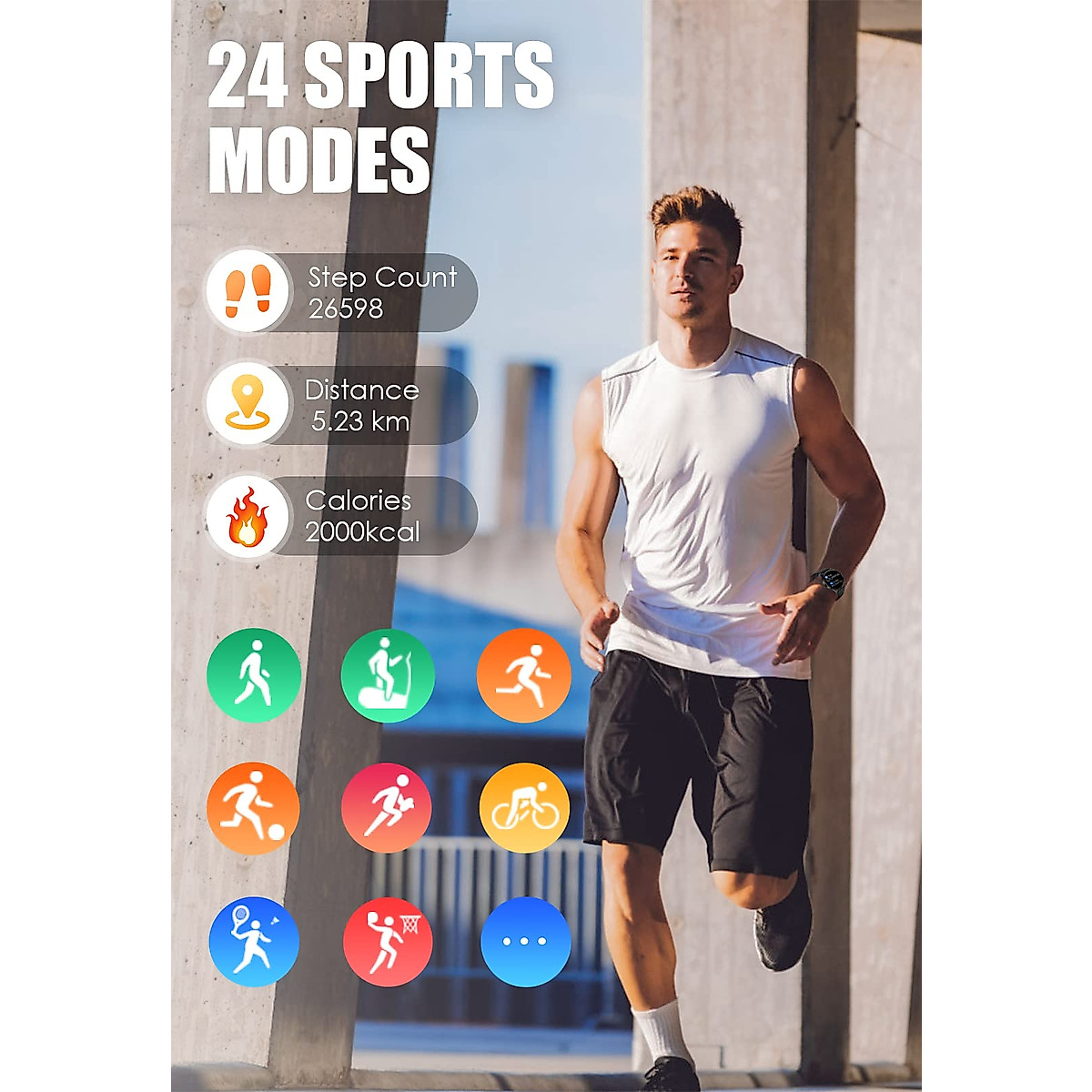 Smart Watch for Men 1.32 inch Full Touch Screen Fitness Tracker with Heart Rate Monitor Sleep Tracking Pedometer Watch Waterproof Smartwatch for iOS Android Phones (Black)