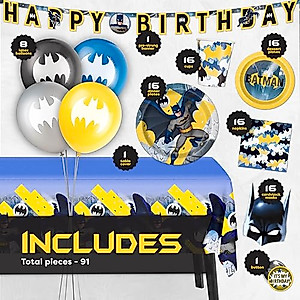 Batman Birthday Party Supplies | Batman Party Supplies | Batman Birthday Decorations | Batman Party Decorations | Balloons, Banner, Table Cover, Masks, Plates, Cake Plates, Napkins, Cups, Button
