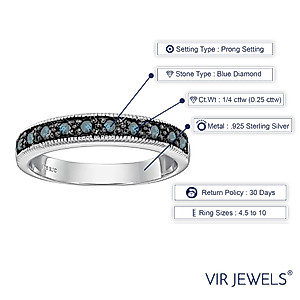 Vir Jewels 1/4 cttw Blue Diamond Ring .925 Sterling Silver with Milgrain and Black Rhodium Size 6