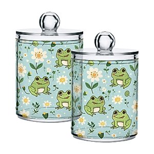 GOODOLD Cute Kawaii Frogs Qtip Holder 2 Pack - 10 Oz Clear Plastic Apothecary Jar Set for Bathroom Organization - Versatile Canister Storage for Cotton Balls, Swabs, Rounds