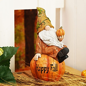 Topadorn Fall Garden Gnome Figurine Sitting on Pumpkin Statue Autumn Harvest Garden Gnomes Statue Figurine for Patio Yard Lawn Porch Decoration，Happy Fall