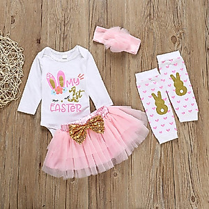 XFGLCK Newborn My 1st Easter Skirt Outfit Baby Girl Bunny Letters Short Sleeve Bodysuit Tutu Skirt Headband Leg Warmers 4pcs (My 1st Easter, 0-3 m)
