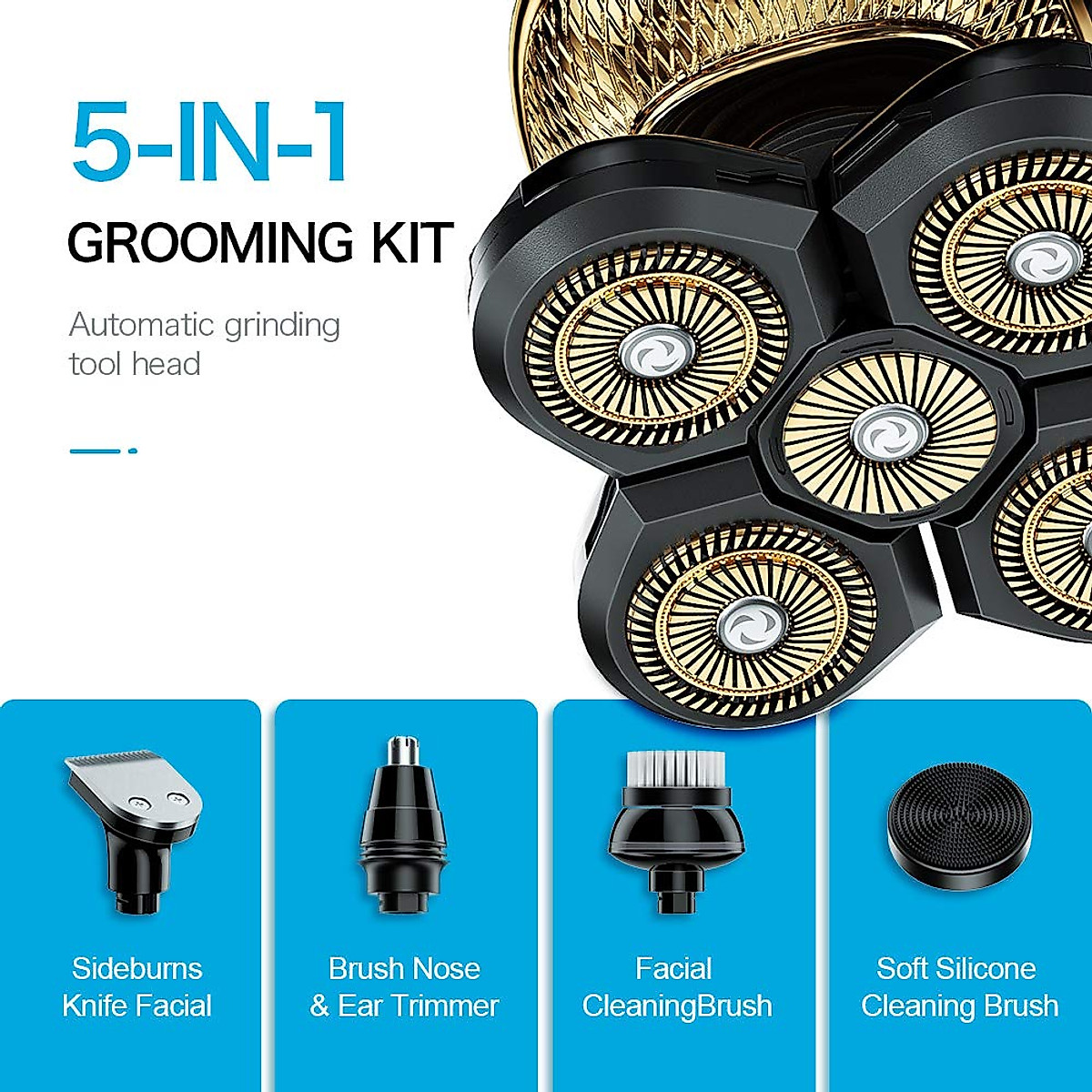 Head Shavers for Bald Men-Flowind Electric Razor for Men with LED Display, Faster-Charging 5D Floating Waterproof Mens Shaver with Hair Clippers,Nose Hair Trimmer Gold…