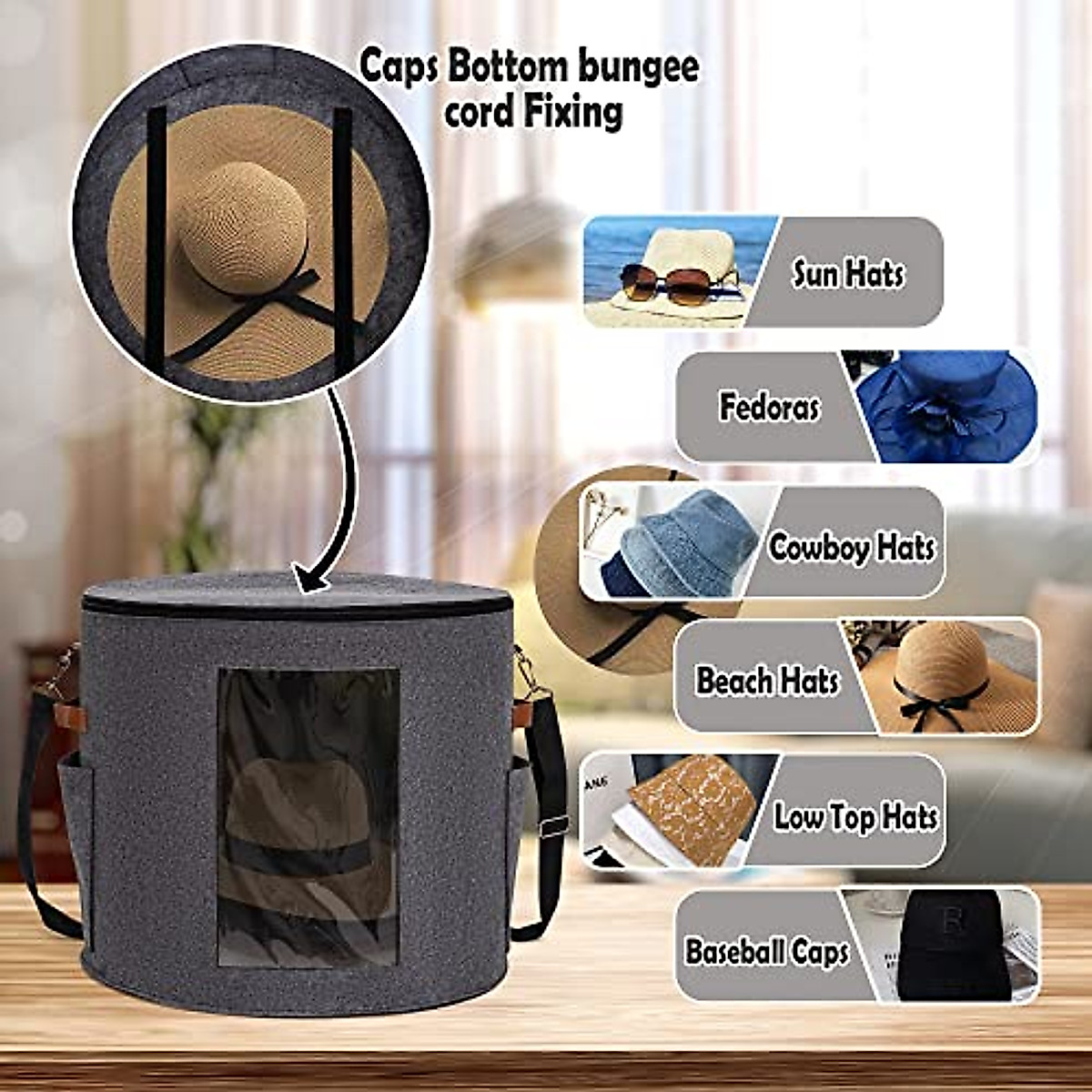 GOCOHHI Hat Box, Large Hat Storage Box, Hat Box with Lid Foldable Round Cowboy Hat Organizer Box for Women Men Carrying Storing Hats, Stuffed Animal Toy Clothes Sheet Hat Organizer 19" D x 17" H