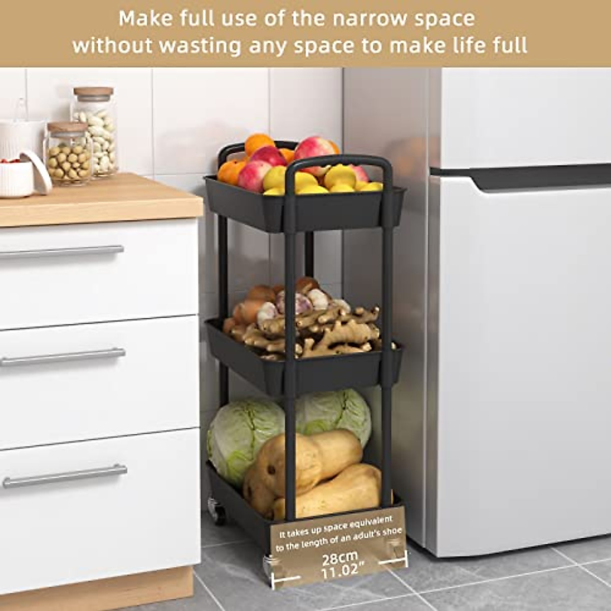 JIUYOTREE 3-Tier Rolling Storage Cart Utility Cart with Lockable Wheels for Living Room Bathroom Kitchen Office Black