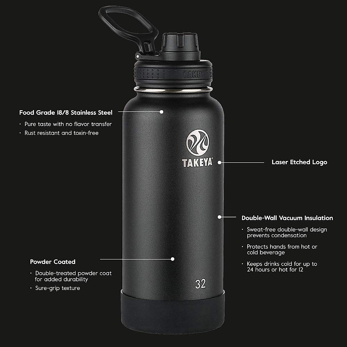 Takeya Actives Insulated Stainless Water Bottle with Insulated Spout Lid, 40oz, Onyx & Actives Straw Lid for Insulated Water Bottle, Wide Mouth, Onyx